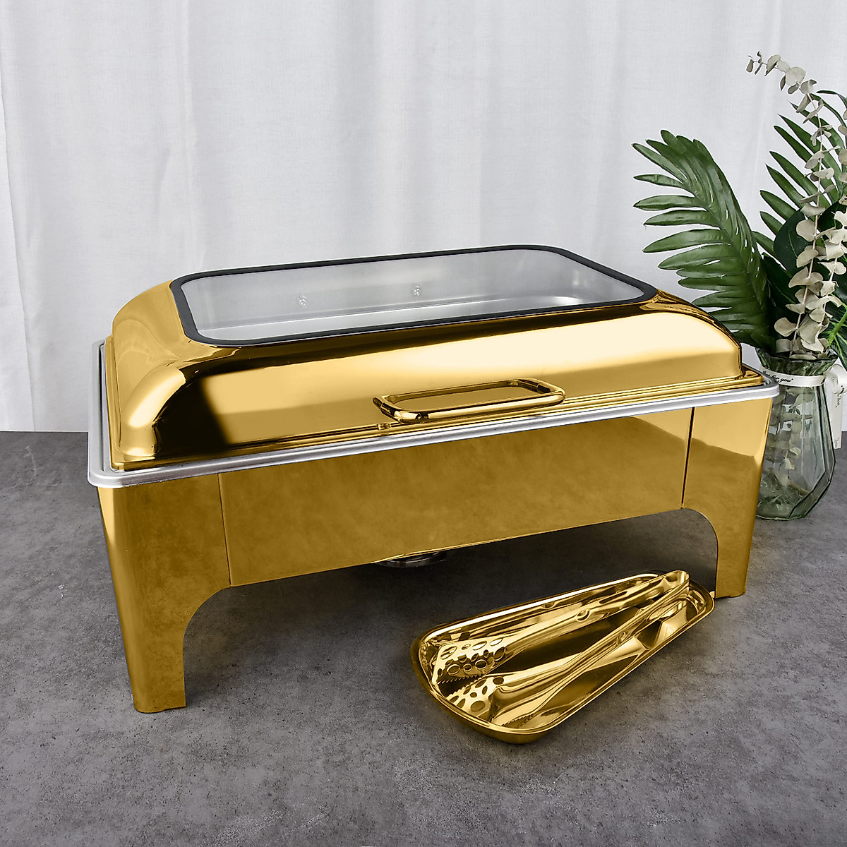 HONHPD Alcohol Chafing Dish, 9QT Rectangular Full Size Chafing Dish Buffet Set with Transparent Glass Lid Top, Soft-Close Lid, Chafer for Catering Buffet Servers and Warmers (Golden)