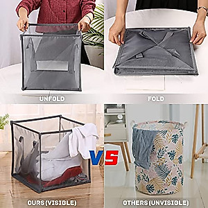 2 PC Folding Mesh Laundry Basket Dorm Laundry Bag Mesh Laundry Hamper Foldable Collapsible Laundry Tote Mesh Baskets Portable Mesh Carrier Pop Up Hamper for Laundry Room, Apartment(Grey, 2 Layer)