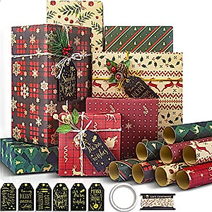 Larcenciel Christmas Wrapping Paper w/Christmas Gift Tags, Santa Claus Stickers & Ribbons, 10 Pcs Xmas Gift Wrapping Paper, Kraft Vintage Wrapping Paper, Brown Gift Wrap for Chrimas, Holiday, New Year
