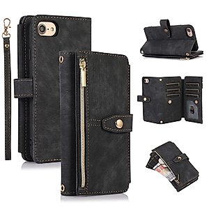 UEEBAI Case for iPhone 7 Plus/iPhone 8 Plus, 9 Card Slots Retro Leather Wallet Shockproof Flip Cover with Hand Strap Card Slots Zipper Pocket Kickstand Handbag Magnetic Closure - Retro Black
