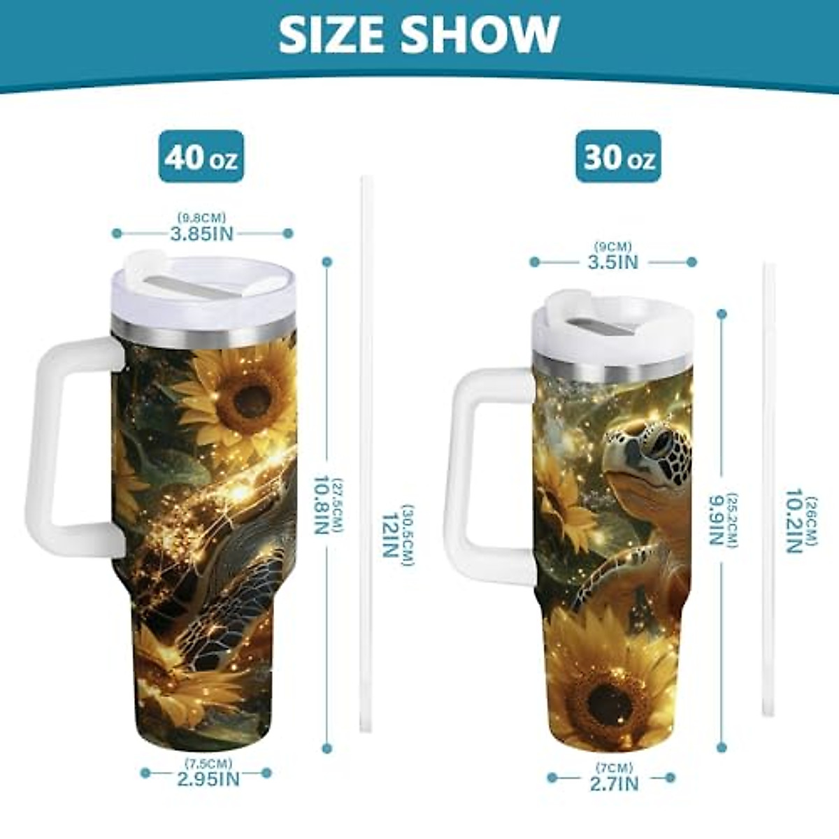 Slewiaeky Tumbler with Handle 40 oz Skinny Turtle Ocean Travel Mug with Lid and Straw Sunflower Stainless Steel Vacuum Insulated Water Bottle Cup for Iced Tea Coffee Cold Beverages Cup Holder Friendl