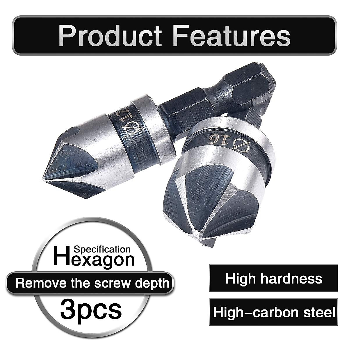 HOHXEN 3Pcs 1/4'' Hex 5 Flute 90 Degree 1/2'' 5/8'' 3/4'' Countersink Drill Bit for Wood Metal Quick Change Set