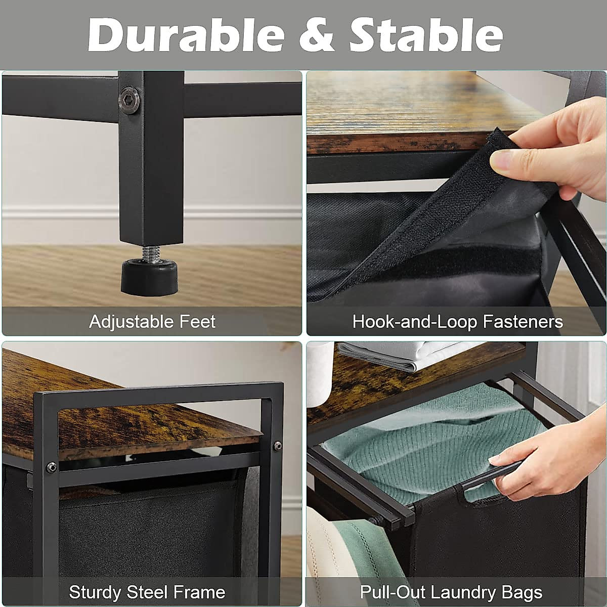 Whoonba Large Laundry Hamper Sorter with 3 Removable & Pull-Out Sorting Bags, Wooden Top Shelf, Versatile Laundry Basket Organizer for Laundry Room, Bathroom, Dorm, 8 * 3 Gal, Black