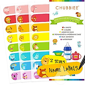 Baby Daycare Bottle Bag Labels, Self-Laminating, Waterproof Write-On Name Stickers, Assorted Sizes & Colors, Pack of 64
