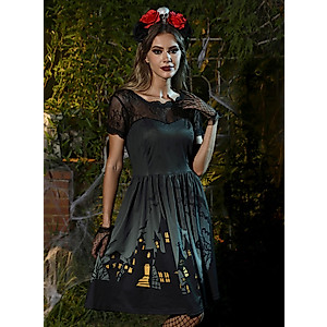 Women's Halloween Lace Sleeves Party Witch Costume Swing Pumpkin Vintage Dress Dark Night L