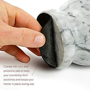 Marble Mortar and Pestle Set - Beautiful Polished White and Grey Veined Marble Mortar and Pestle Set with Garlic Peeler and Anti Scratch, Anti Skid Protective Pad