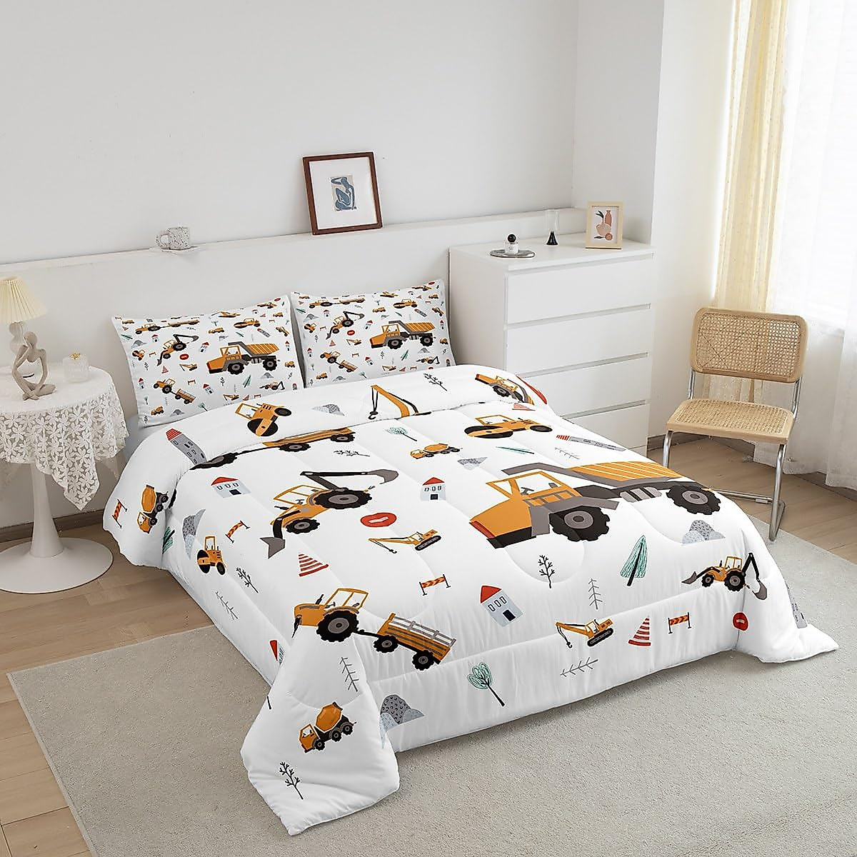 jejeloiu 7 Pieces Excavator Comforter Set Full Size & Excavator Sheet Set Full Size