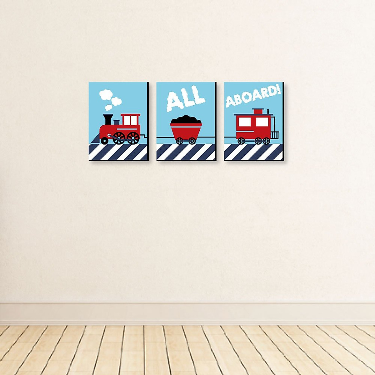 Big Dot of Happiness Railroad Crossing - Steam Train Baby Boy Nursery Wall Art and Kids Room Decorations - Gift Ideas - 7.5 x 10 inches - Set of 3 Prints