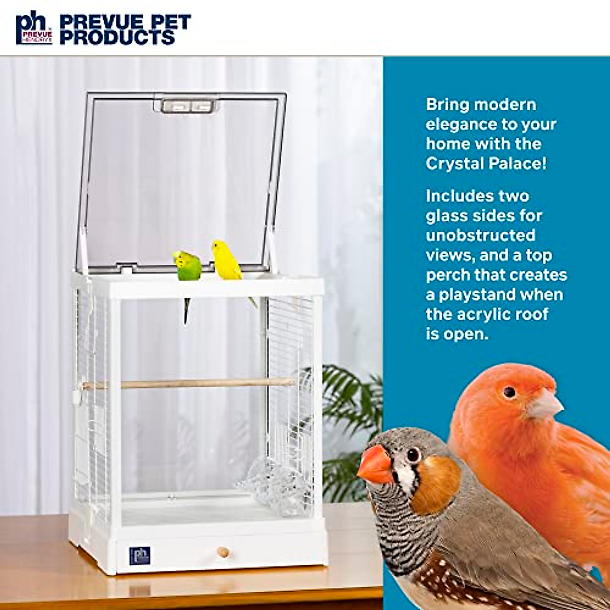 Prevue Pet Products Clear View Glass Bird Cage Crystal Palace for Small Birds - White Frame