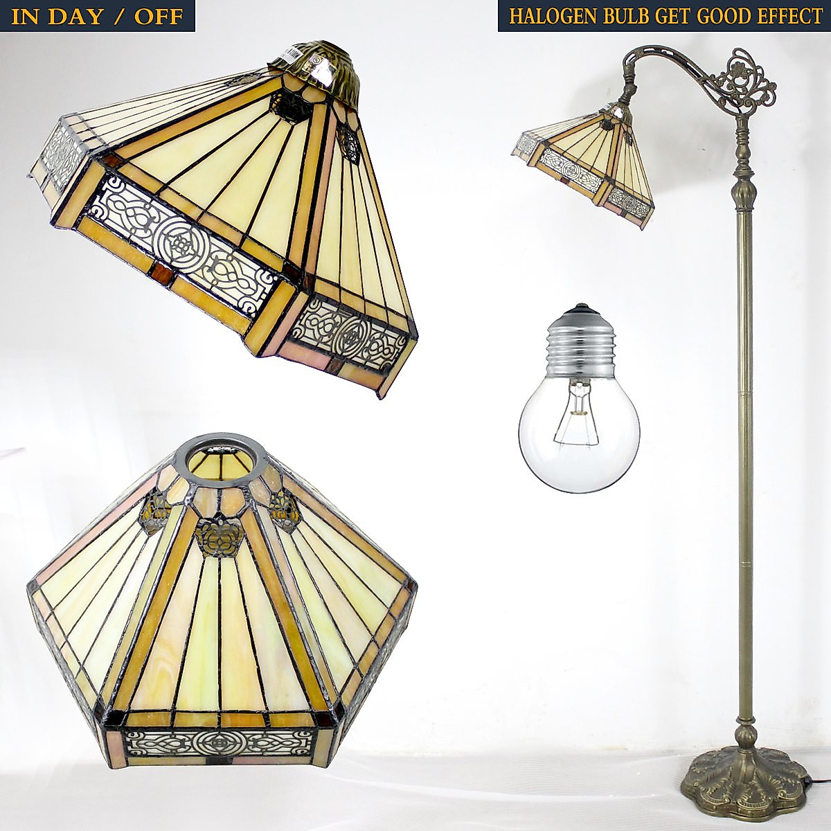 WERFACTORY Tiffany Floor Lamp Mission Hexagon Stained Glass Arched Lamp 12X18X64 Inches Gooseneck Adjustable Corner Standing Reading Light Decor Bedroom Living Room S011 Series