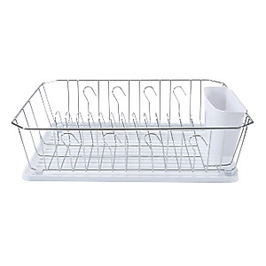 Kitchen Details 3 Piece Dish Rack | Drying Rack, Cutlery Basket & Drainboard Tray | Countertop | Self Draining | Open Wire Design | Chrome | White