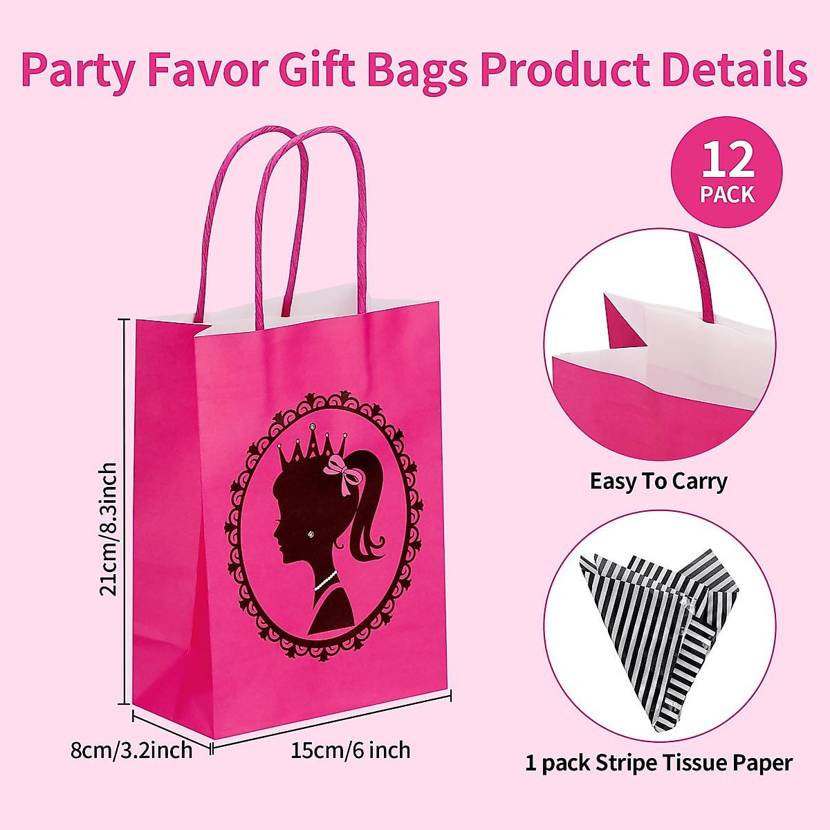 XUWAIDSGN Hot Pink Girls Party Favor Gift Bags with Stripe Tissue Paper Princess Paper Goodie Bags with Handles Cute Treat Bags for Birthday Theme Party Girls Party (12)