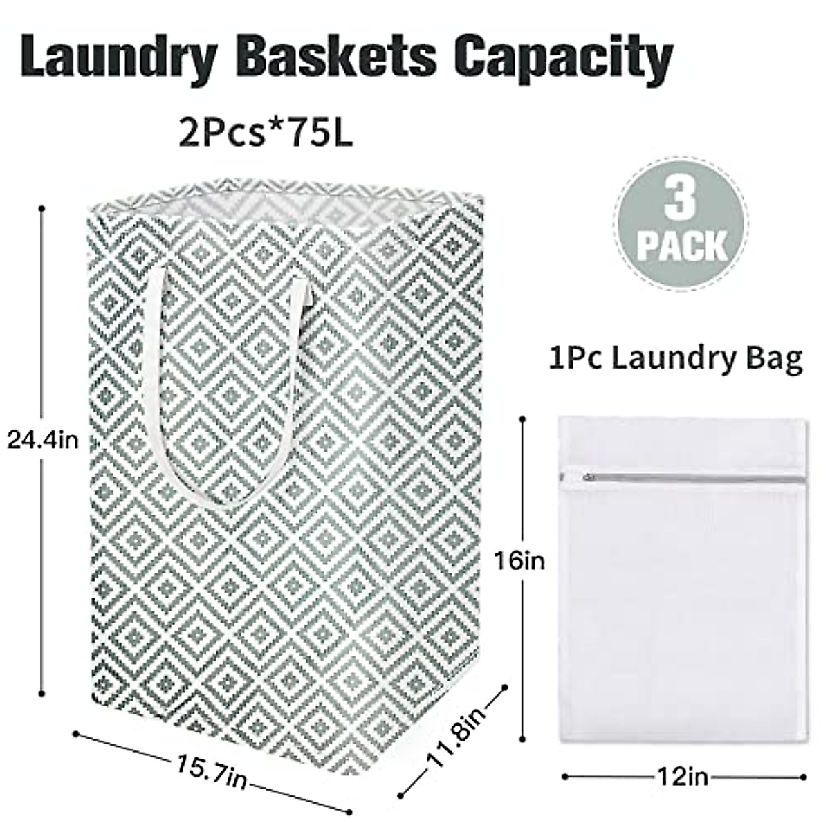 Letensh Laundry Baskets 2 Pack, 75L Foldable Laundry Hampers with Mesh Laundry Bag, Waterproof Dirty Clothes Hamper Organizer Freestanding Tall Laundry Bin with Handles for Laundry Room, Bedroom, Dorm