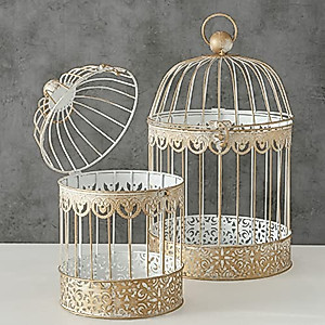 WHW Whole House Worlds Hamptons Romantic Gold Bird Cages, Set of 2, Decorative, Table Top Centerpieces, Latch Top, Metal, Handmade, 11.75 and 15.75 Inches