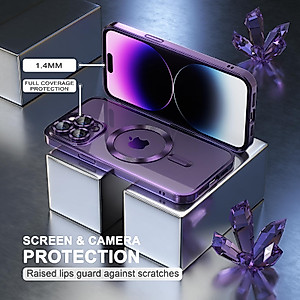 QVLANG Magnetic Clear Case for iPhone 14 Pro Max Case [Compatible with MagSafe] [Full Camera Lens Protection] [2 Replaceable Glitters] Luxury Shiny Cover for Women Girls (6.7") - Deep Purple