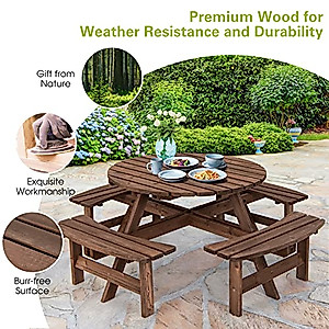 Giantex Wooden Picnic Table Set with Wood Bench, 4 Adults or 8 Kids Outdoor Round Table with Umbrella Hold Design, Perfect for Outdoor Garden Yard Pub Beer Dining, Dark Brown