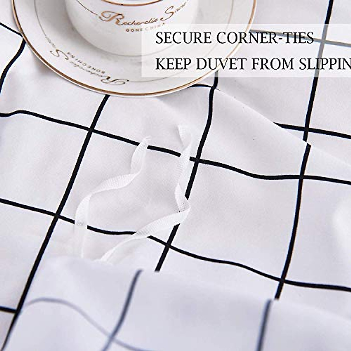 Twin Size Duvet Cover Set, White Plaid Microfiber Down Quilt Bedding Cover with Zip Ties, Farmhouse for Women Men Boys Girls Teen , 2 Piece - 68x90 inch XL Extra Long, Prepy College Dorm Grid Bed Sets