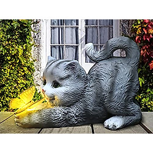 Solar Garden Statue Cat,Garden Figurine Outdoor Decoration with Cat Holding Butterfly for Yard,Patio,Lawn Art Decoration,Housewarming Gift