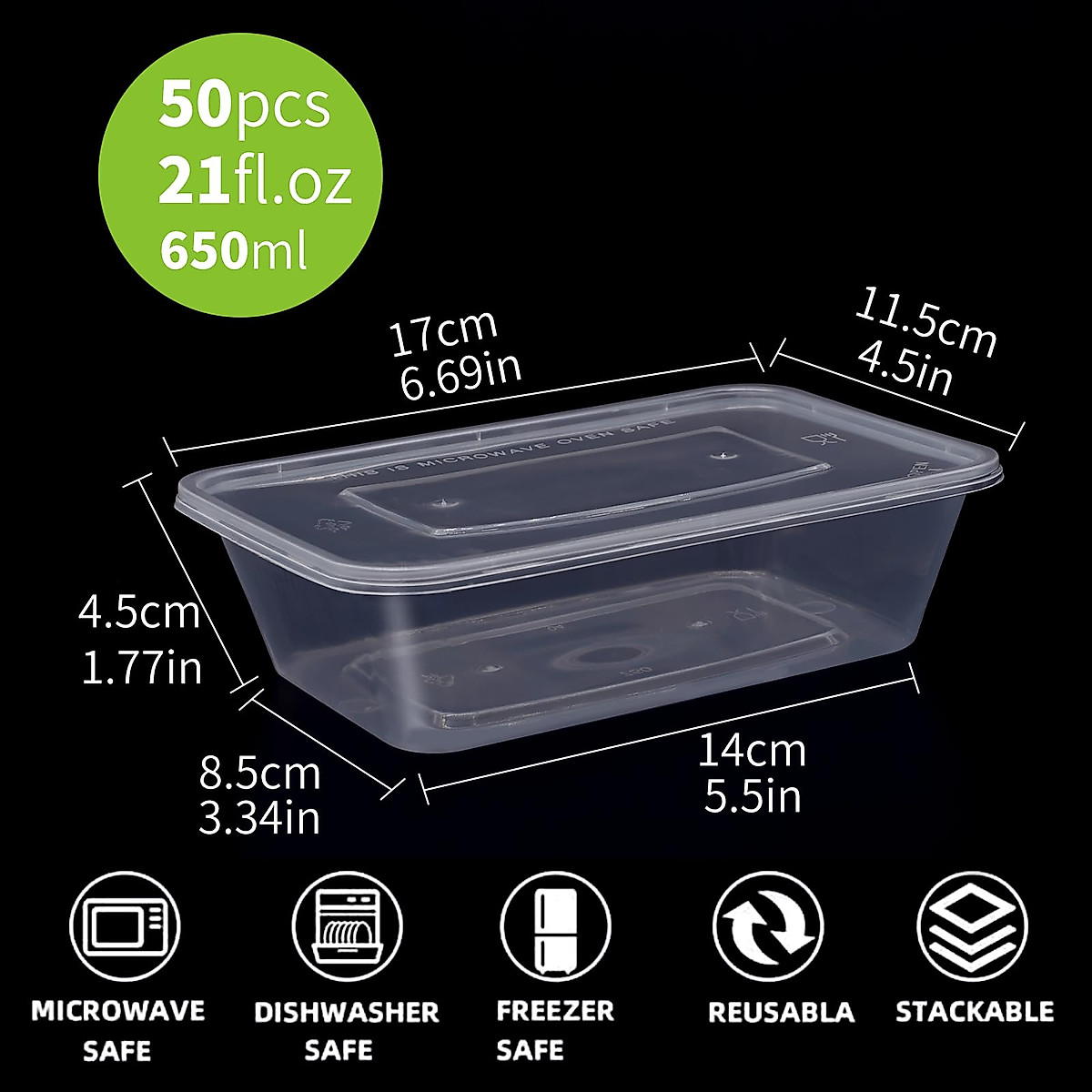 ganfaner [50pk 21 oz / 650ml Square disposable food containers, plastic food storage container box with lid, for working food prepare lunch dinner
