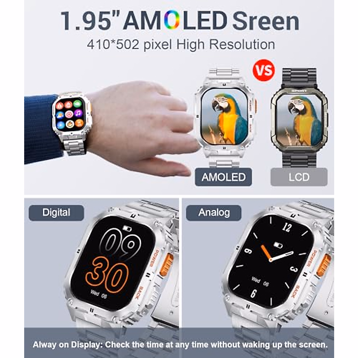 FOXBOX Smart Watch for Men Answer Call/Notification, 1.95" AMOLED Fitness Watch 108 Sport Modes Compass Step Heart Rate Sleep SpO2 BP Monitor, 5ATM Waterproof Military Smartwatch for Android iOS