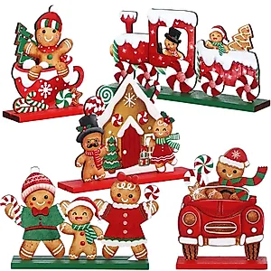 Blulu 5 Pcs Christmas Gingerbread Man Ornament Xmas Wood Gingerbread Man Signs Christmas Tiered Tray Wooden Decorations Gingerbread Candy Table Centerpiece for Home Farmhouse Office Tabletop Decor