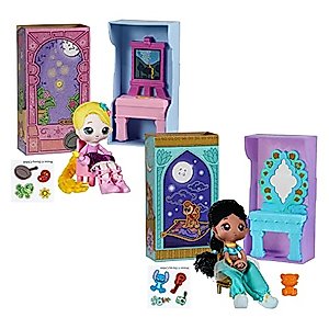 SWEET SEAMS 6" Soft Rag Doll Amazon Exclusive Bundle Pack – 2pc Toy | Disney Princess, Tangled Rapunzel and Art Studio Playset Plus Aladdin-Jasmine Vanity Playset