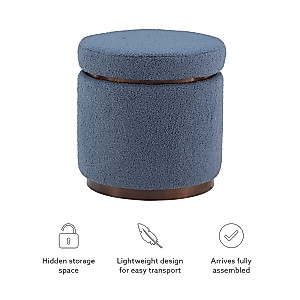Linon Lexington Blue Sherpa Round Storage Ottoman with Wood Accent