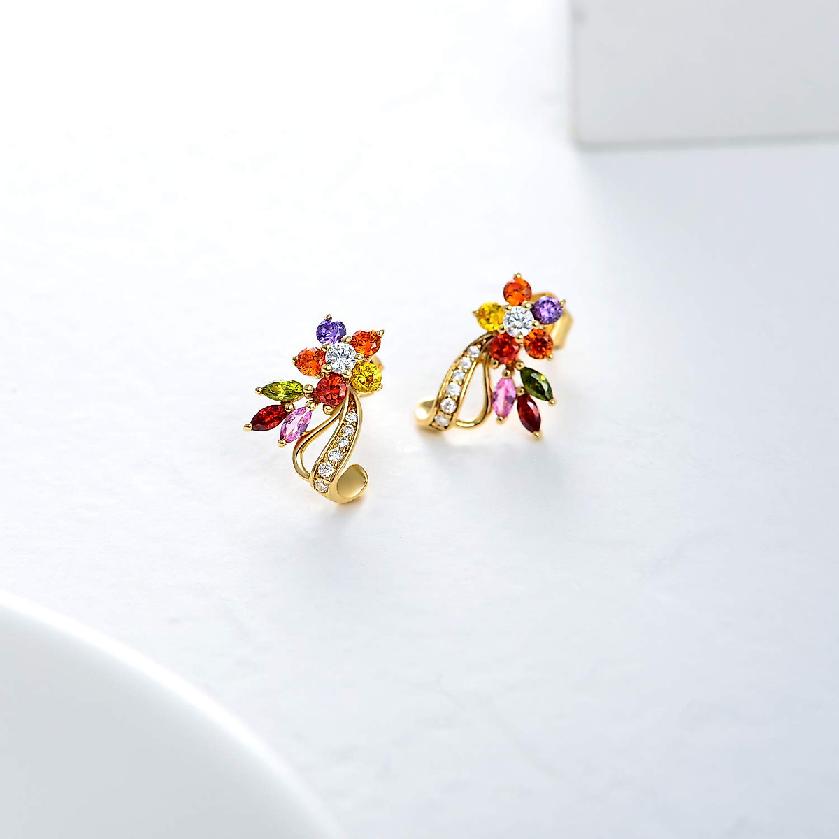 14K Real Gold Flower Stud Earrings for Women,Yellow/Rose Gold Created Moissanite Flower Leaf Stud Wrap Earrings,Christmas Birthday Present for Wife Mom