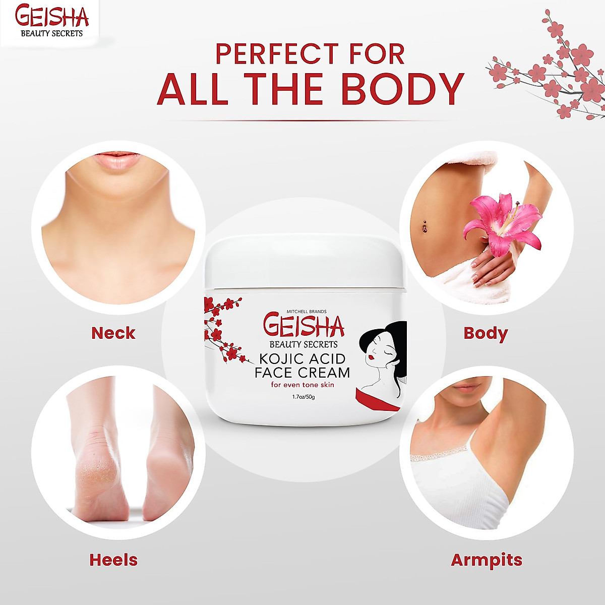 OMIC Geisha Kojic Acid Cream - 1.7 fl oz / 50 ml - Skin Brightening Cream for Face, Body, Hands - with Glycolic Acid