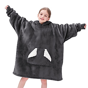 Touchat Oversized Sherpa Blanket Hoodie Sweatshirt with Hood Pocket and Sleeves, Soft Warm Plush Hooded Blanket for Kids, One Size Fits All, Grey