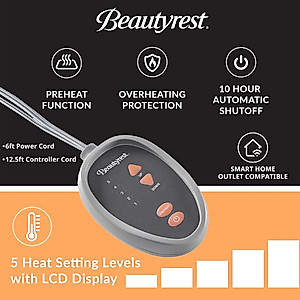 Beautyrest Heated Mattress Pad King - Electric Bed Warmer Cool to Touch, All Seasons Cover, 5 Heat Level, Auto Shut Off, Deep Pocket - Machine Wash Electric Mattress Pad, UL Certified, White, Queen