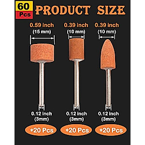 SHITIME 60 Pack Grinding Stone Set 1/8" Shank, Sanding Drill Bit for Rotary Tool Flap Wheel for Grinding, Polishing, Deburring Ferrous Metal, 2 Shaped and 3 Sizes(Orangage, Aluminum Oxide)