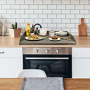 MyGift Vintage Gray Solid Wood Jumbo Sized Stove Top Cover and Countertop Tray/Noodle Board with Cutout Handles