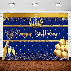 InMemory Royal Blue and Gold Birthday Backdrop for Men Golden Crown Champagne Balloons Happy Birthday Background Boys Womens Bday Party Event Decoration Banner Selfie Photo Booth Supplies Prop 5x3ft