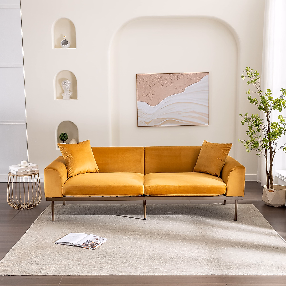 Merax 83” Mid Century Loveseat Sofa for Living Room,Velvet Small Couch Furniture with Two Pillows Metal Frame Love Seats, Mustard
