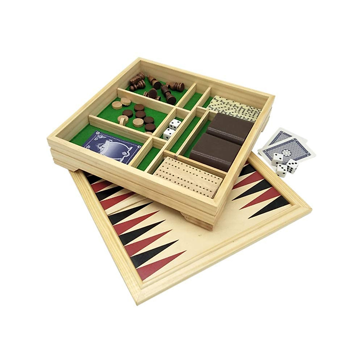 KAILE Deluxe 11.8 Inch 7 in 1 Board Game Set - Chess Set, Checkers, Backgammon, Dominoes, Playing Cards, Poker Dices and Cribbage