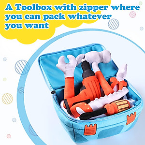 7 Pcs My 1st Toolbox Playset Stuffed Construction Tools Plush Toy Including Drill, Screwdriver, Handsaw, Hammer, Wrench, Plier and Zippered Tool Box for Toddlers Kids Birthday Party Favor