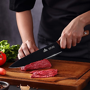 ENOKING 6PCS Knife Set with block, Magnetic Wood Knife Holder with Acrylic Shield, German High Carbon Stainless Steel Blades