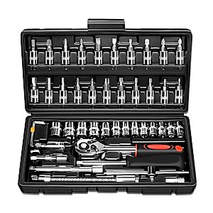 ZUZUAN 46 Pieces 1/4 inch Drive Socket Ratchet Wrench Set with Bit Socket Set Metric and Extension Bar for Auto Repairing and Household with Storage Case