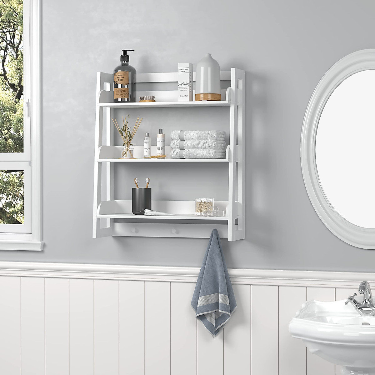 UTEX Bathroom Wall Shelf, Over Toilet Storage Shelf Organizer, 3-Tier Wall Mount Shelf Rack with Hook, White