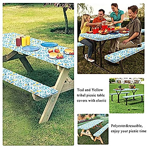 Famibay Fitted Picnic Table Cover and Bench Covers Boho Picnic Table Covers with Elastic Edges Camping Tablecloth Washable Reusable for Outdoors, Camping, BBQ(Blue, 12" x72"+30" x72")