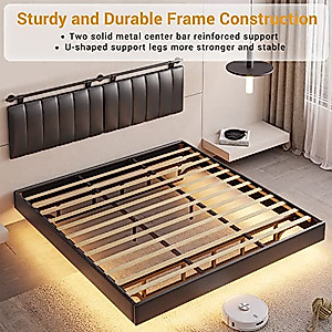 DICTAC King Floating Bed Frame with LED Lights and Wall Mounted Headboard Modern Upholstered Platform Low Profile LED Bed Frame King Size, No Box Spring Needed, Noise Free, Easy Assembly,Black