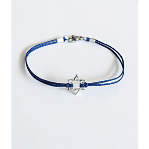 Star of David men's bracelet, silver charm custom gift for him, blue cotton cord bracelet for men, Bar Mitzvah gift, Jewish Hebrew Jewelry from Israel, judaica