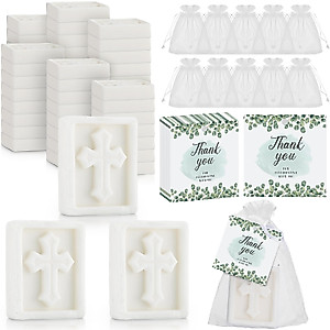 Dansib 240 Pcs Cross Soap Baptism Favors Set, 80 Pcs Scented Soap Favors 80 Pcs Bags and 80 Pcs Cards Baby Baptism Favor for Baby Shower Christening Communion Wedding Bridal Party Guests Decoration