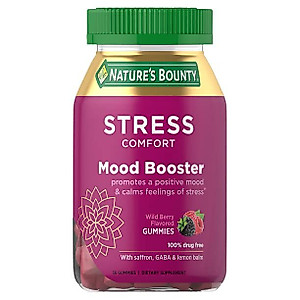 Nature's Bounty Stress Comfort Gummies, Mood Booster, Dietary Supplement with Saffron, GABA, and Lemon Balm, Calms Feelings of Occasional Stress, Wild Berry Flavor, 36 Gummies