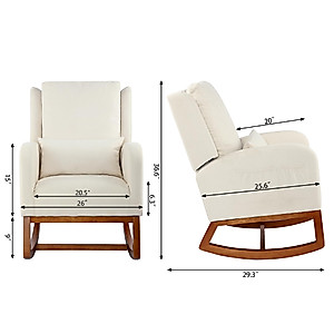 DAGONHIL Glider Chair Nursery Rocking Chair, High Back Armchair with Side Pocket, Upholstered Accent Chair with Rubber Wood Legs and Pillow, Flannel Chair for Living Room/Bedroom/Nursery, Beige
