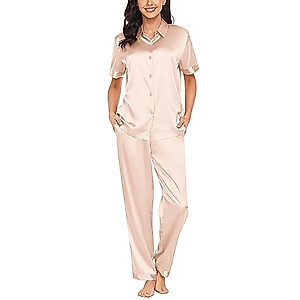SWOMOG Silk Pajama Set for Womens Solid Satin Loungewear Short Sleeve Pj Set Button Down 2 Pcs Nightwear with Pants with Pockets Champagne