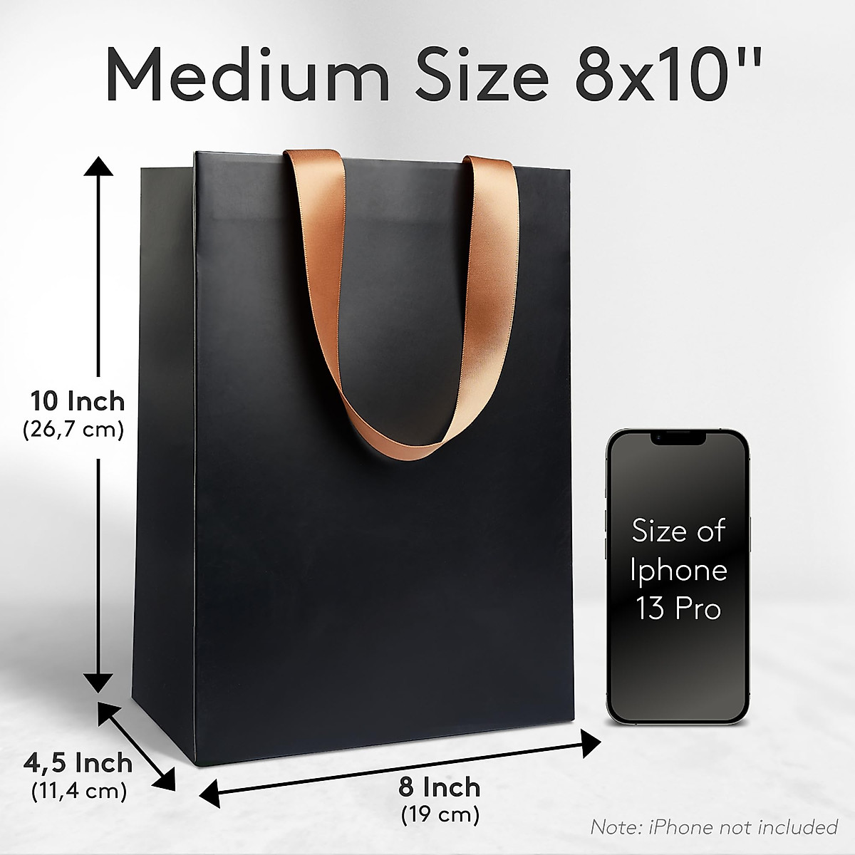 Anavego 6 First-Class Black Gift Bags with Metallic Markers for Personalization & Tissue Paper. Medium Size 8x10″. Matte & Sturdy. Handles from Gold Satin. Birthday Bags Set for Women & Men