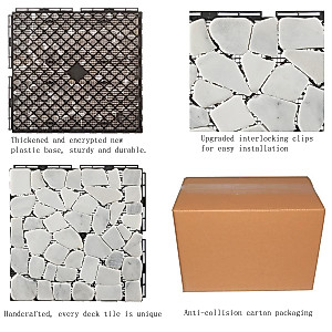 Deck Tile Natural Marble Flooring, Outdoor Garden Patio Balcony Deck Tile, All Weather DIY Interlocking Floor with Drainage Floor, (12"X12", White, 6)