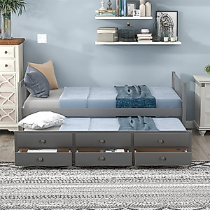 Bellemave Twin Daybed with Trundle and Storage Drawers Wood Twin Size Bed Frame with 3 Drawers Wooden Platform Beds for Kids Boys Girls Teens, Gray, Gray With Storage
